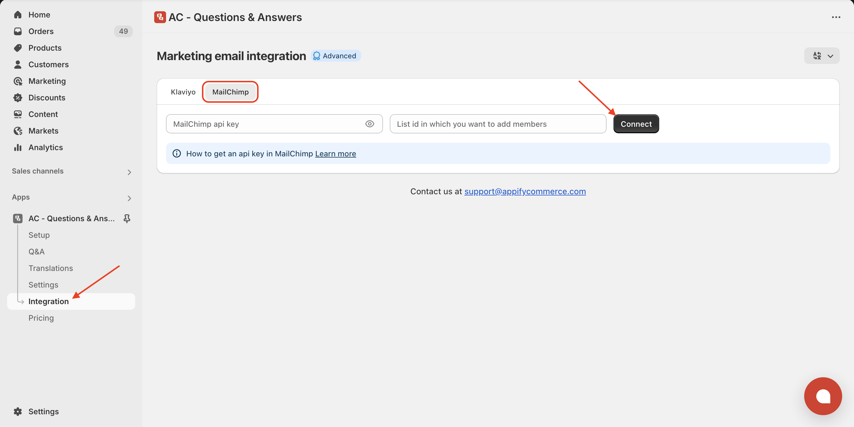 How to Integrate Mailchimp or Klaviyo with Askify – Questions & Answers App | Appify Commerce